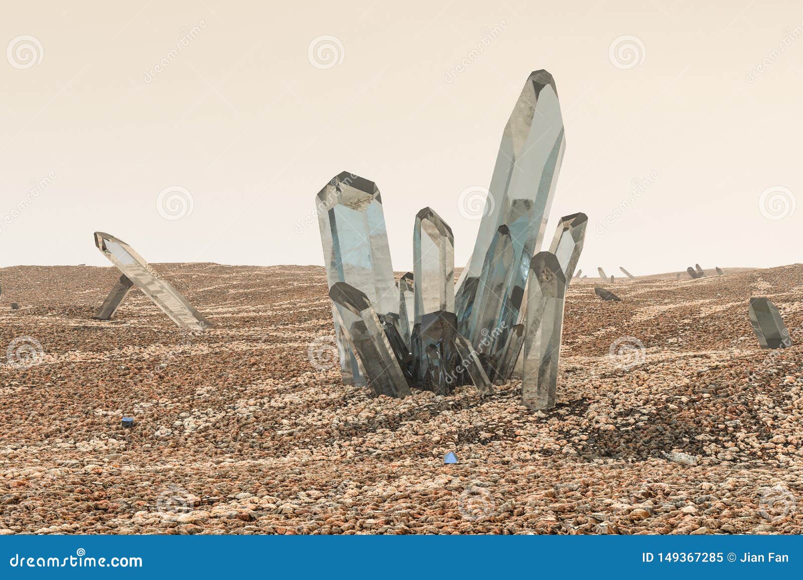 A Cluster of Magic Crystal Gather Together in the Desert, 3d Rendering ...