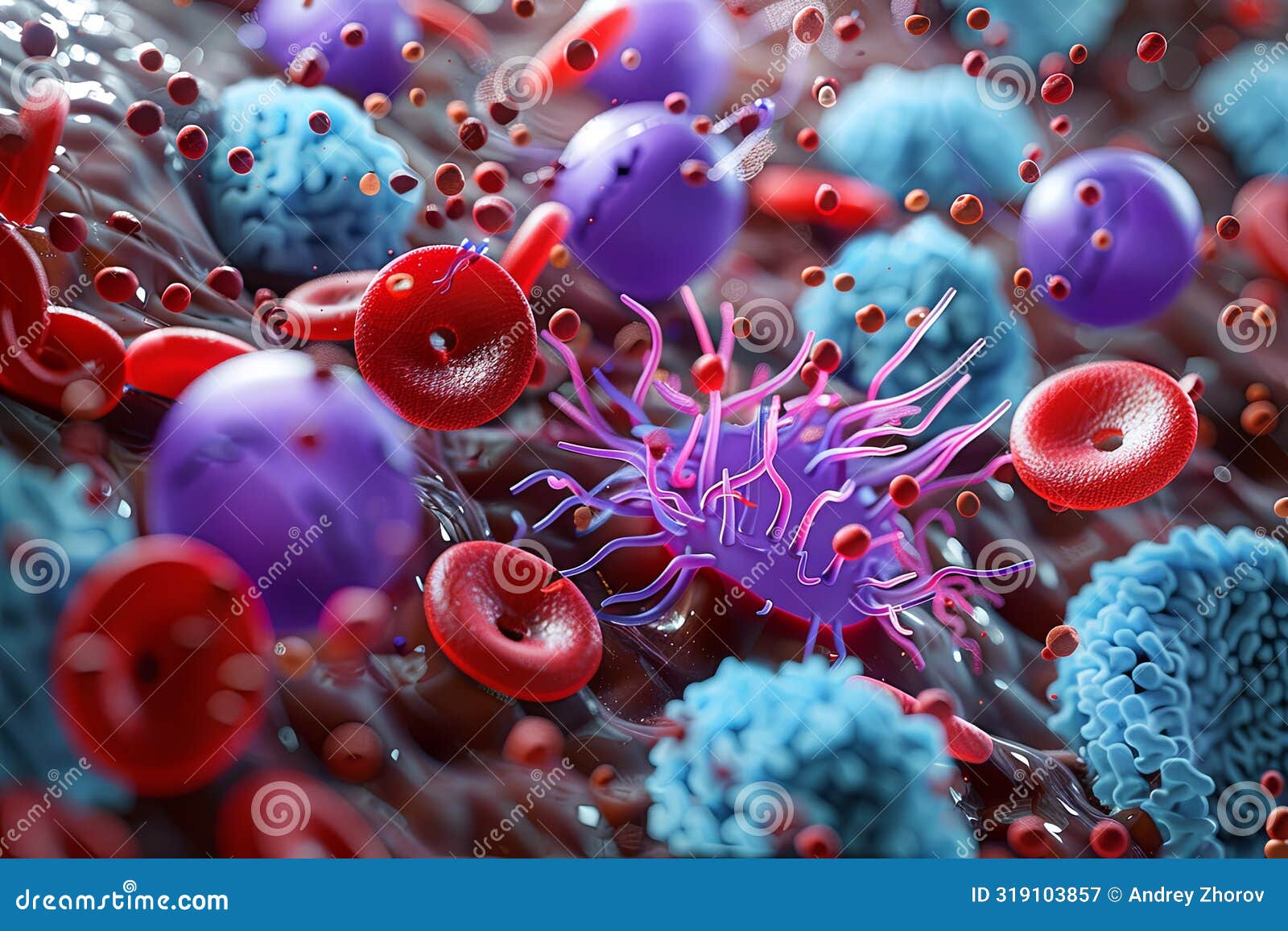 A Cluster of Red and Blue Blood Cells Interacting in a Biological ...