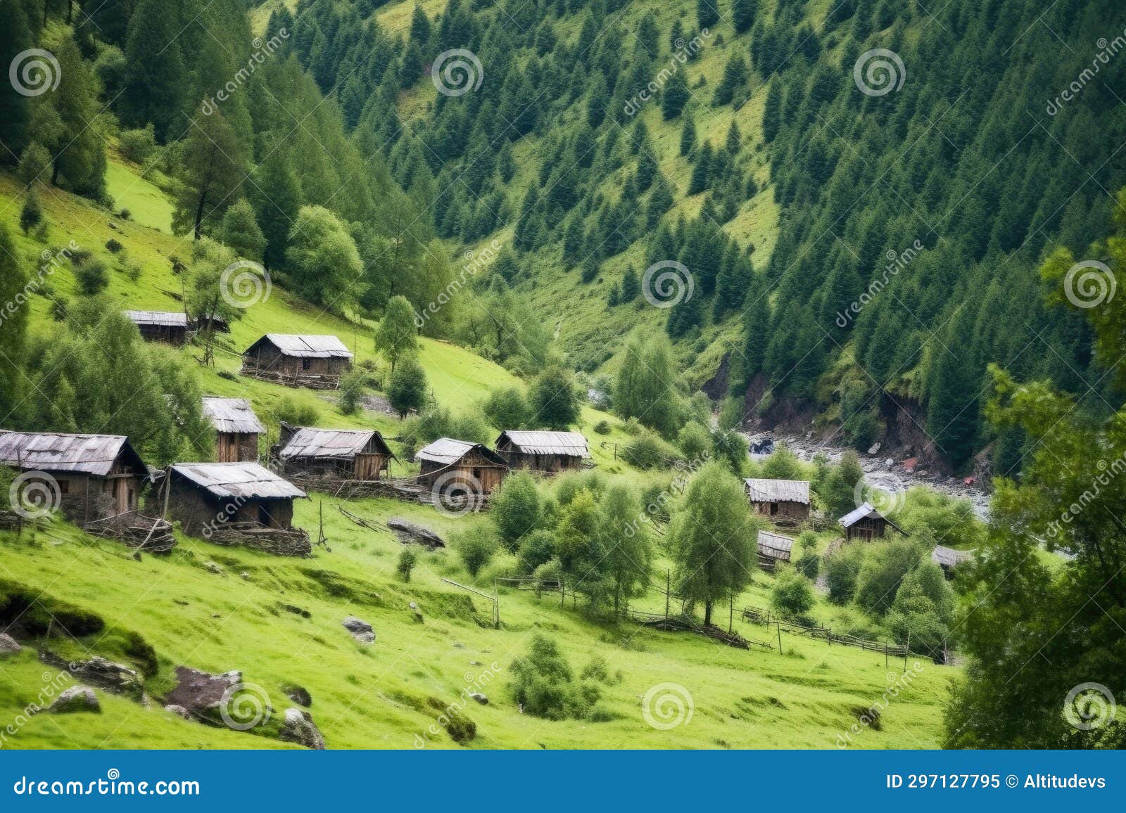 Cluster of Rustic Huts in Mountain Forest Stock Image - Image of huts ...