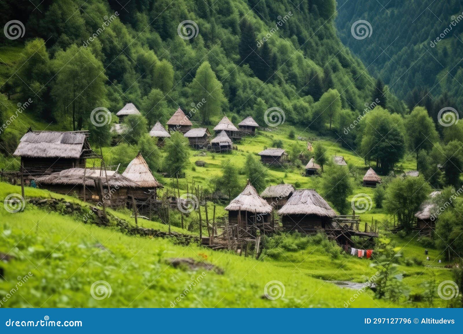 Cluster of Rustic Huts in Mountain Forest Stock Photo - Image of living ...