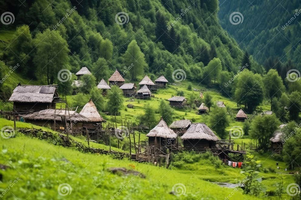 Cluster of Rustic Huts in Mountain Forest Stock Photo - Image of living ...