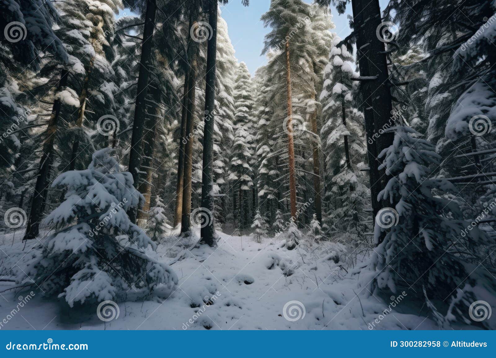 A Cluster of Snow-capped Pine Trees in a Dense Forest Setting Stock ...