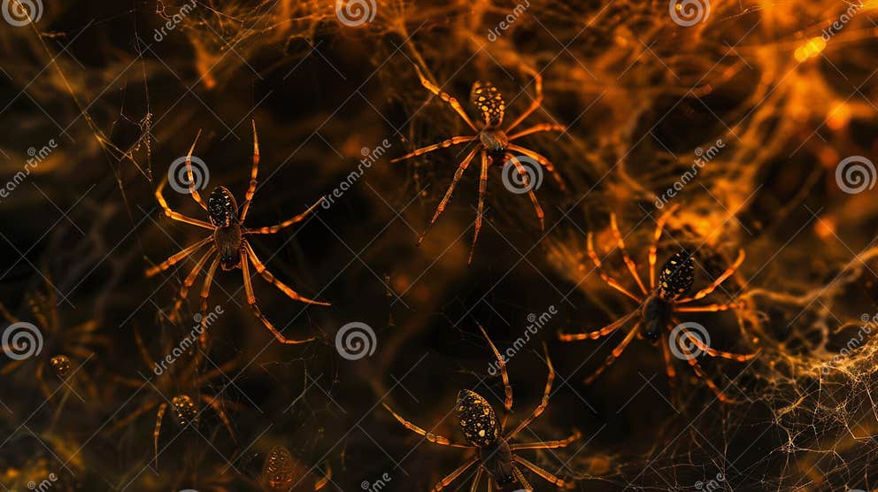 Close-up of Multiple Spiders within Their Intricate Web at Night Stock ...