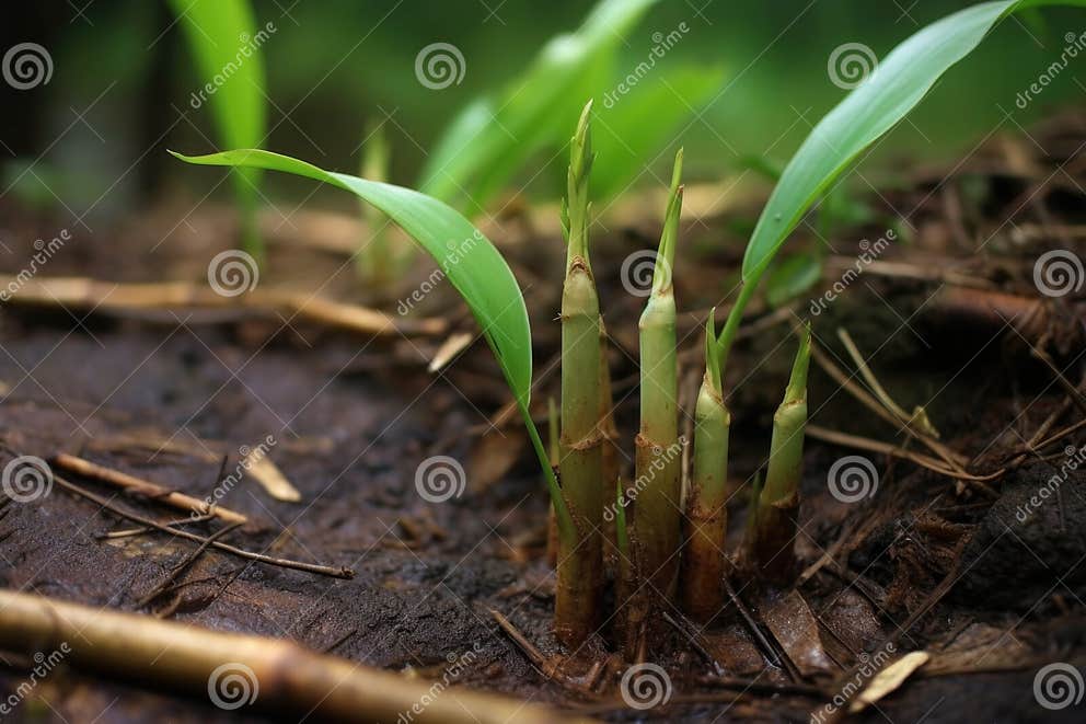 Cluster of Young Bamboo Shoots Sprouting from Ground Stock Illustration ...