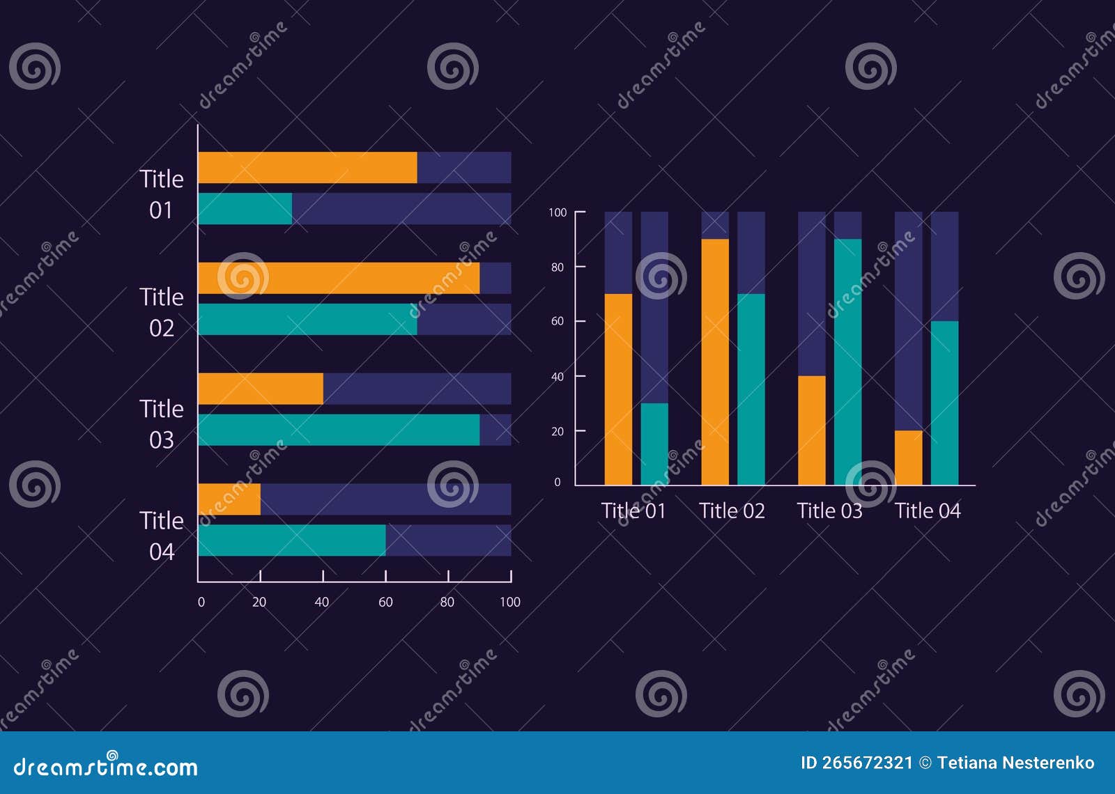 Clustered Column Infographic Chart Design Template Set For Dark Theme Stock Vector