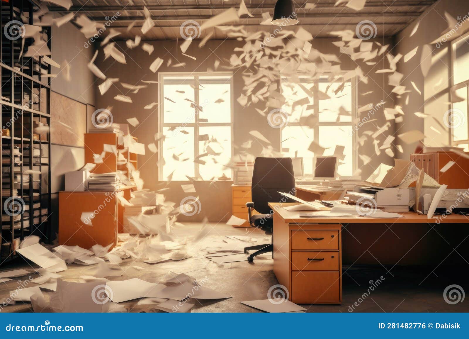 Documents Flying Over Workplace. Clutter in Office. Generative AI Stock ...