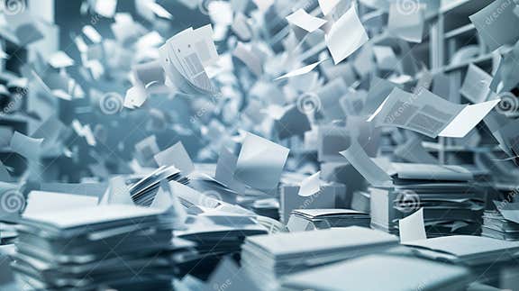 Clutter and Chaos in an Office, with Scattered Documents Flying Over ...