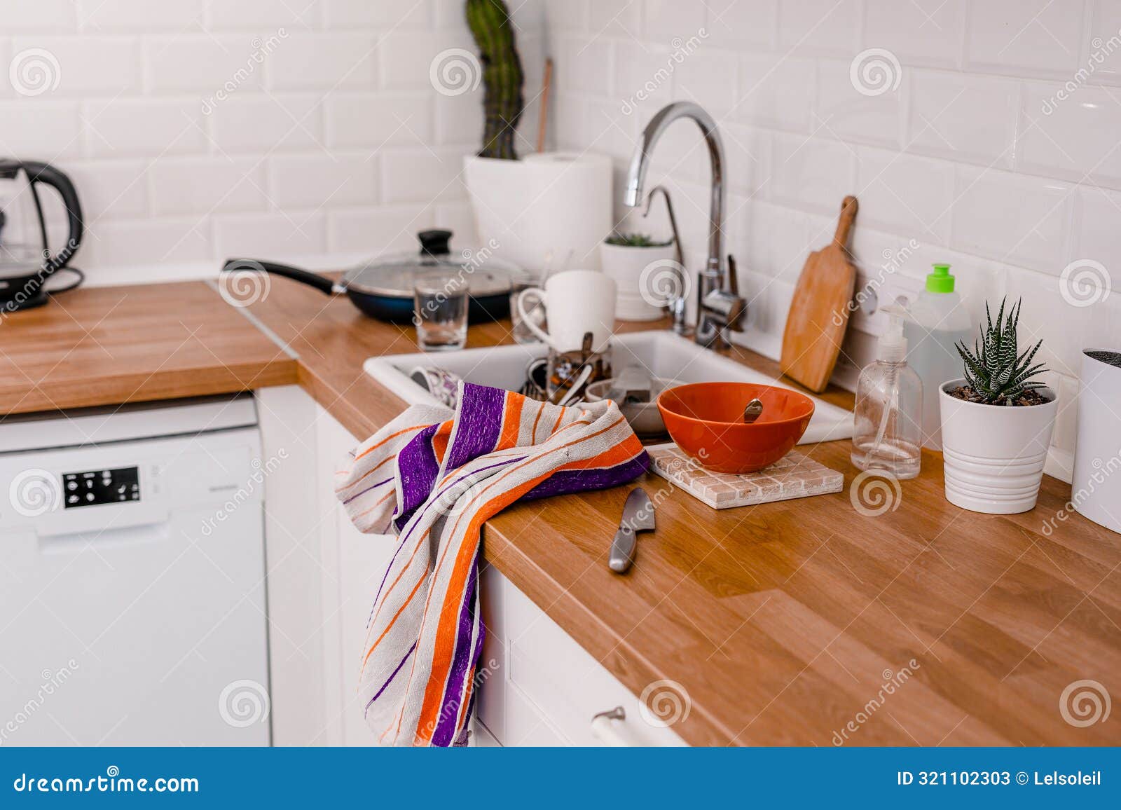 Clutter, Dirty Dishes by the Sink in the White Kitchen Stock Image ...