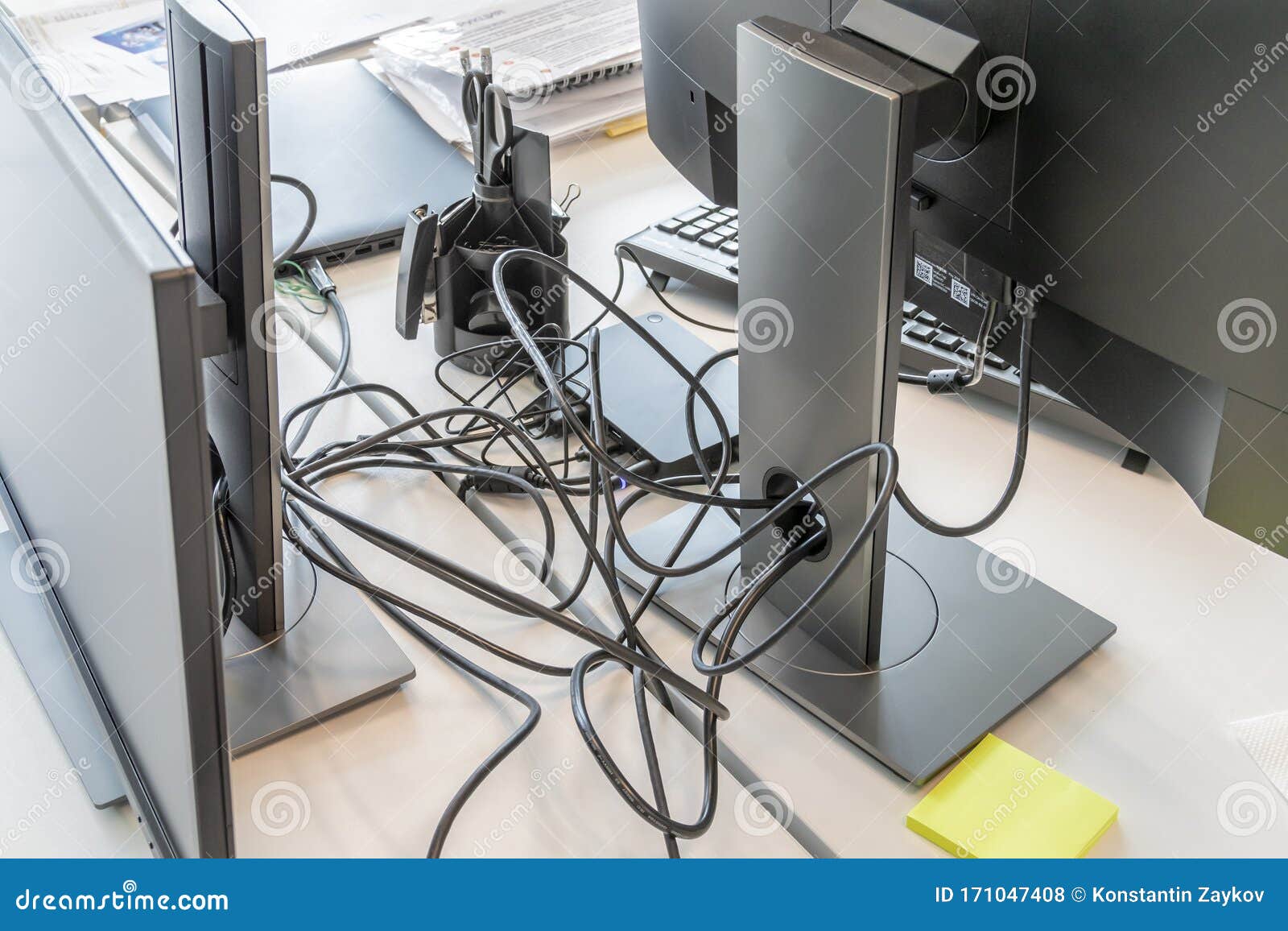 Clutter In Office On The Table. Unwound And Tangled Electrical Computer ...