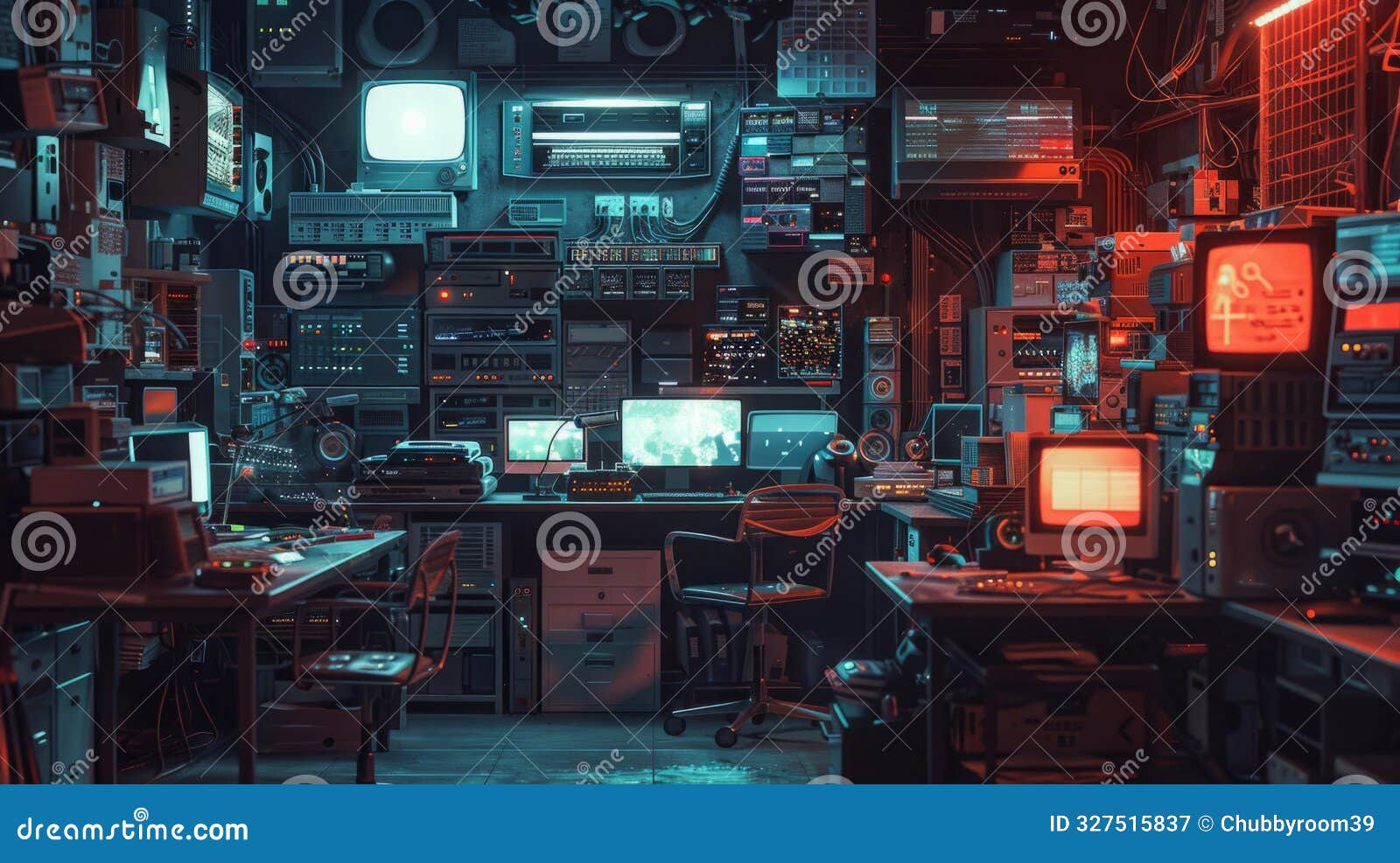A Cluttered and Atmospheric High-tech Workspace Filled with Various ...