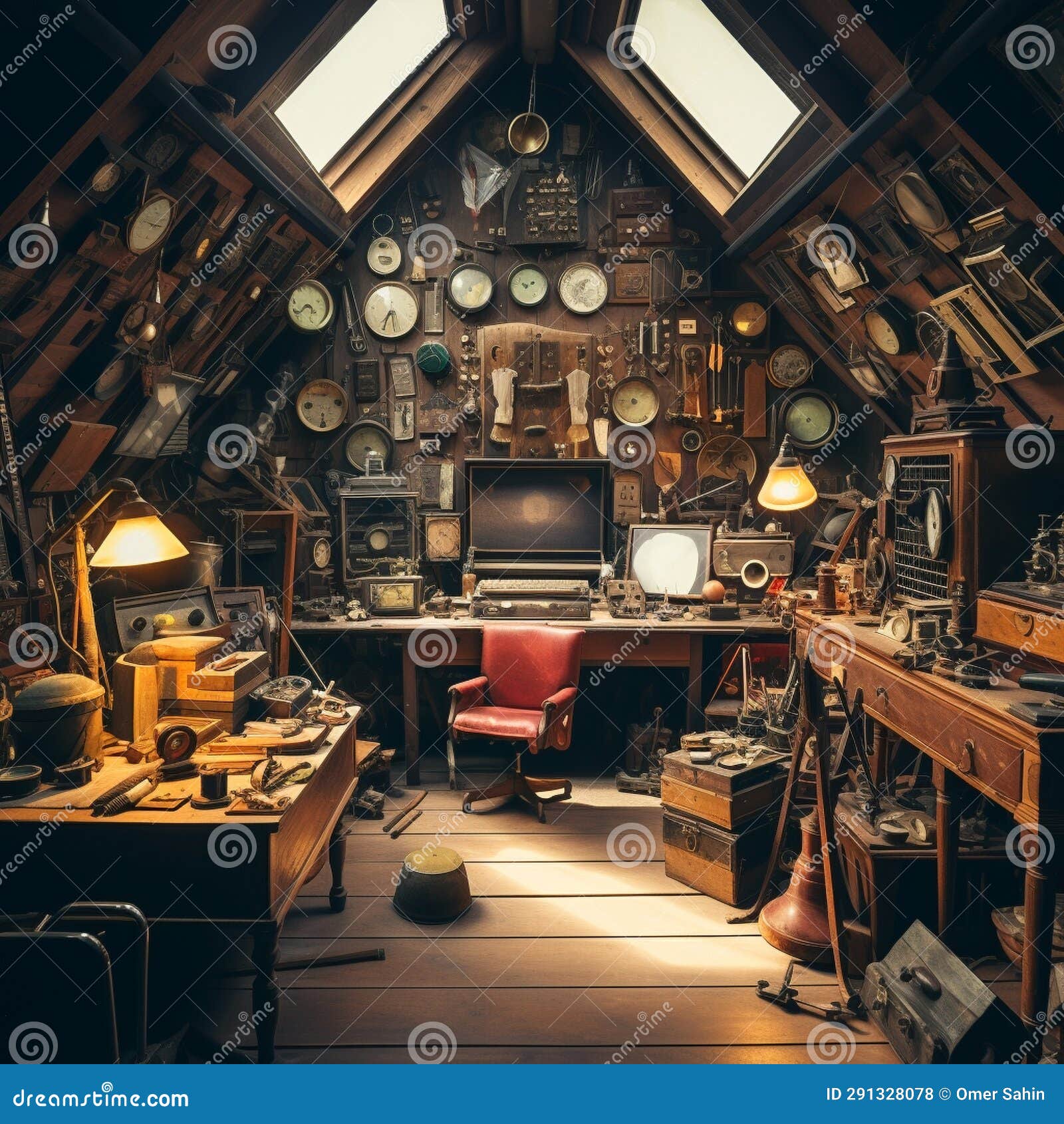 Cluttered Attic Space Filled with Vintage Tech and Antiques Stock Photo ...