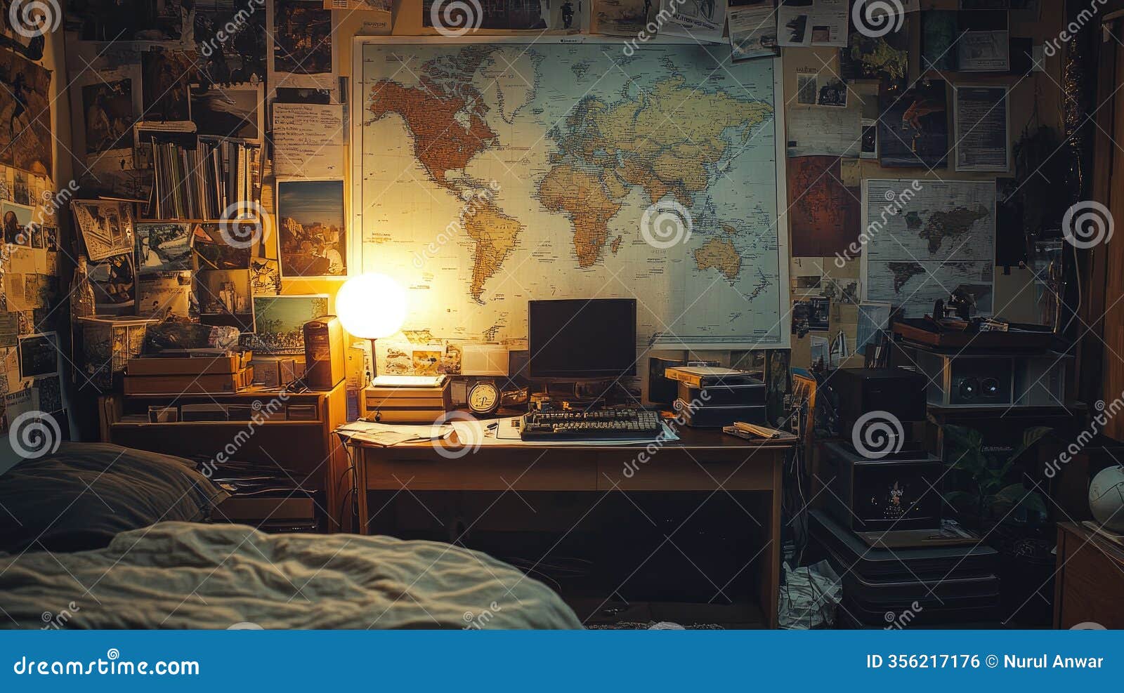 A CLUTTERED BEDROOM with a WORLD MAP on the WALL, a DESK with a ...