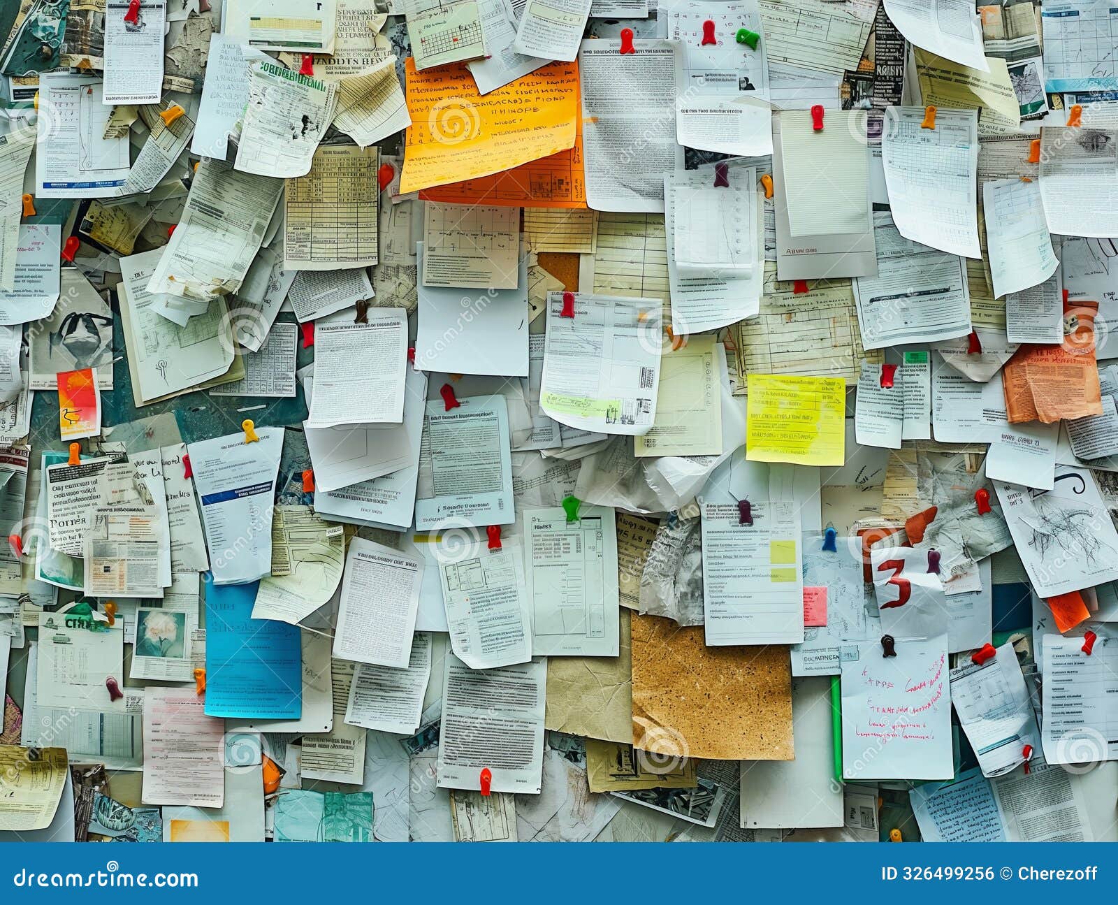 Cluttered Bulletin Board with Various Documents Stock Photo - Image of ...