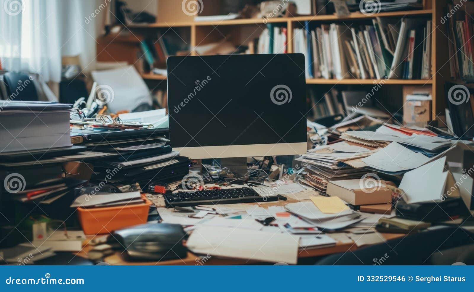 A Cluttered Desk with a Computer, Keyboard and Monitor on Top, AI Stock ...