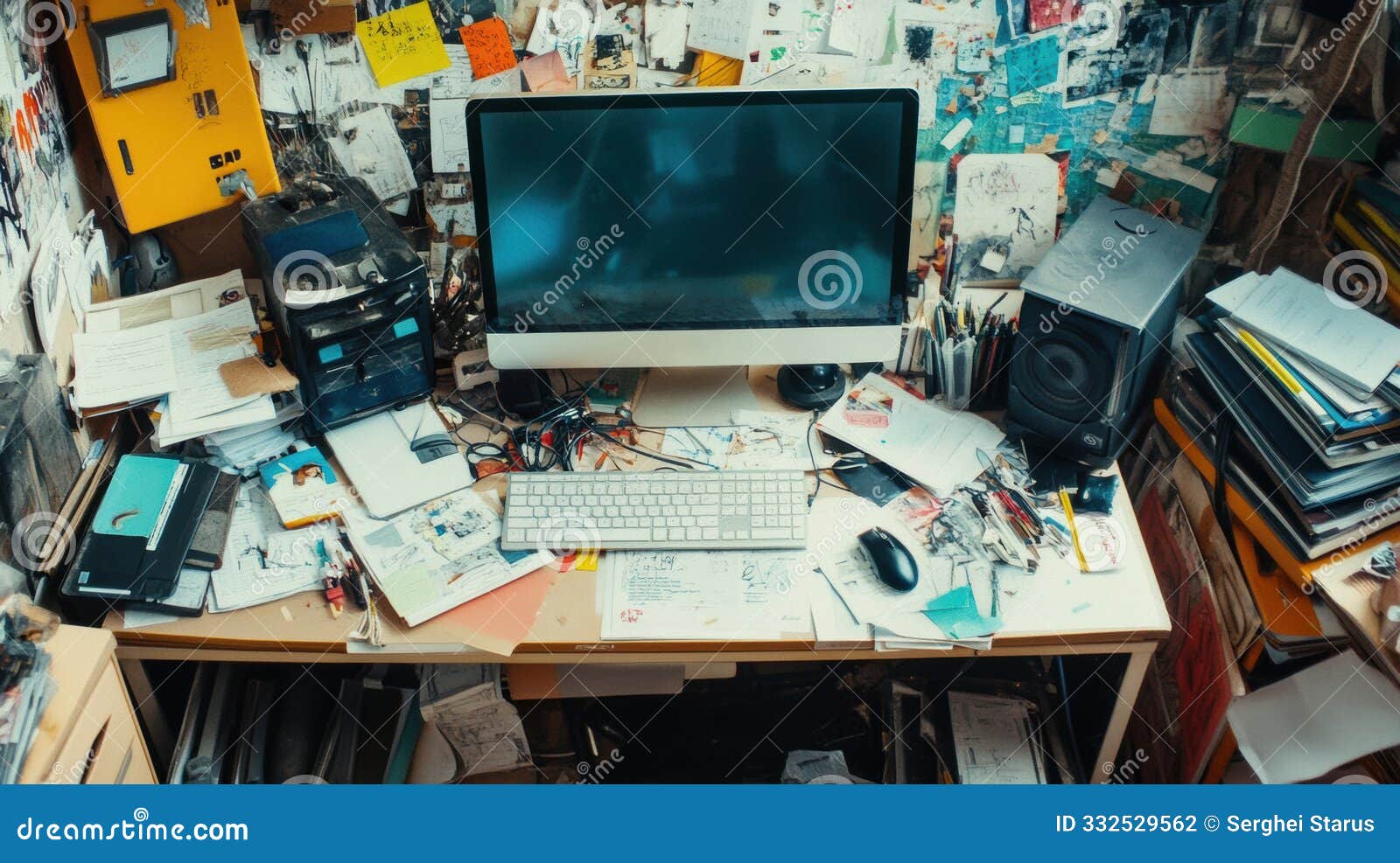 A Cluttered Desk with a Computer, Keyboard and Mouse on it, AI Stock ...