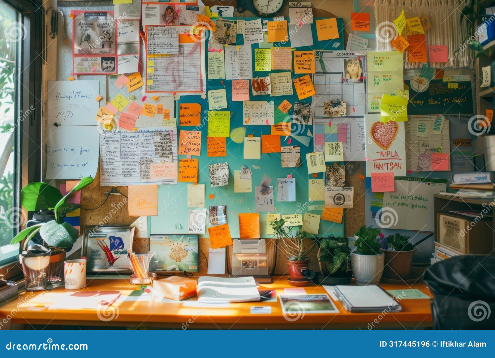 A Cluttered Desk Filled With Colorful Sticky Notes, A Bulletin Board ...