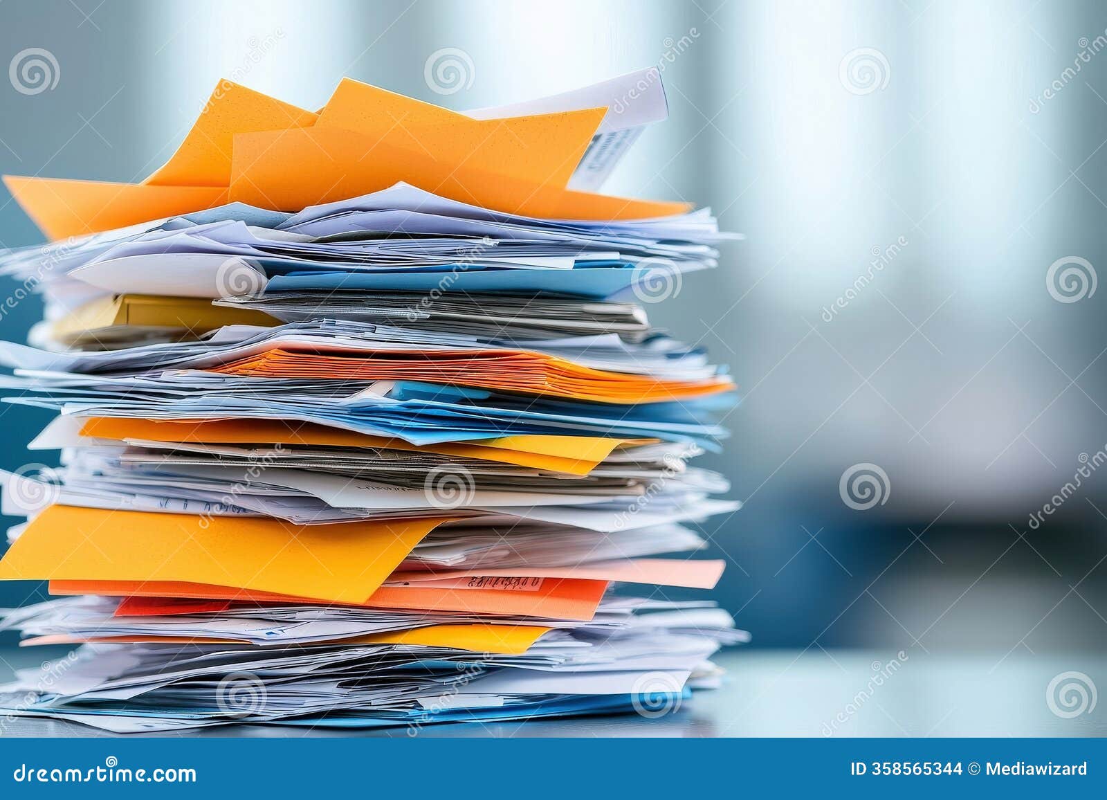 High Stack Of Documents On Office Desk. Unorganized Paperwork Pile ...