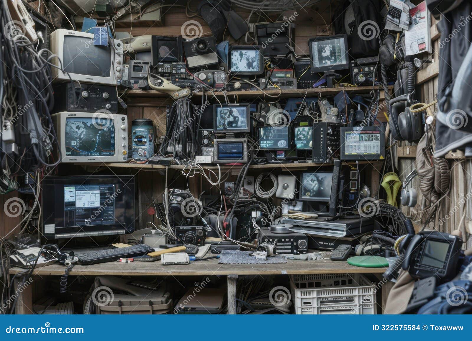 Cluttered Desk with Multiple Electronic Devices and Monitors Stock ...