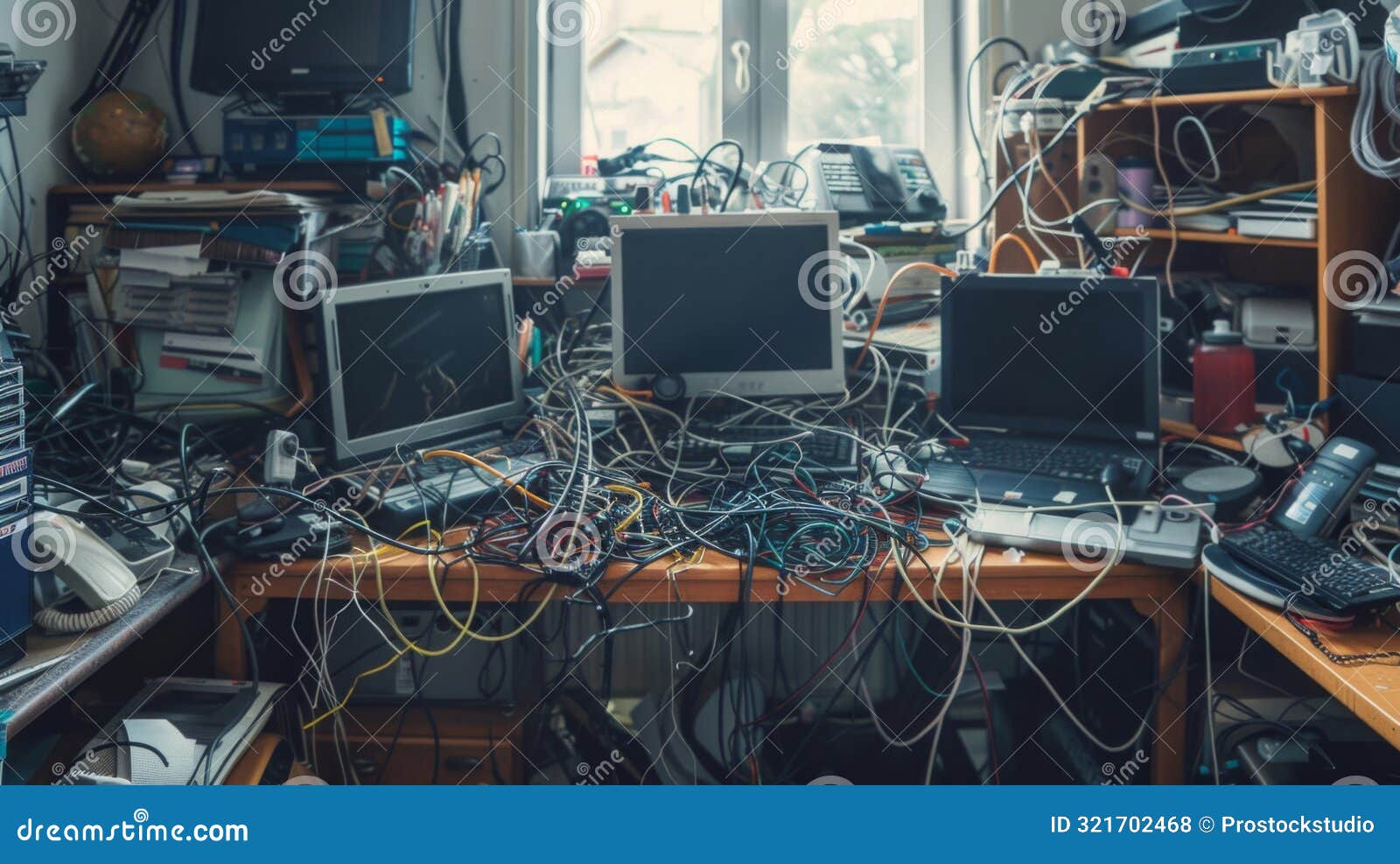 Cluttered Desk with Electronics and Wires Stock Photo - Image of home ...