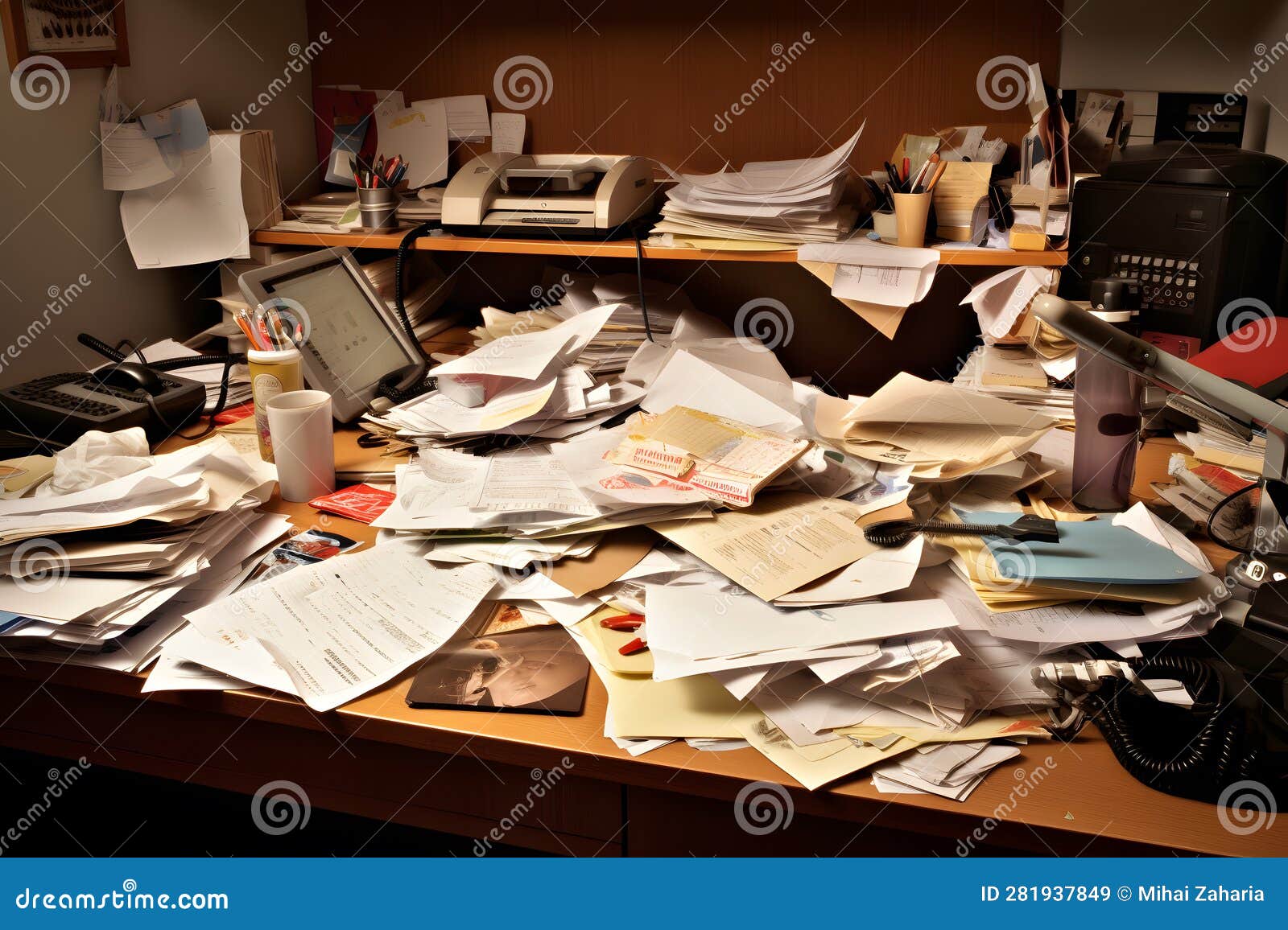 A Cluttered Desk with Papers, Documents, and Gadgets, Illustrating a ...