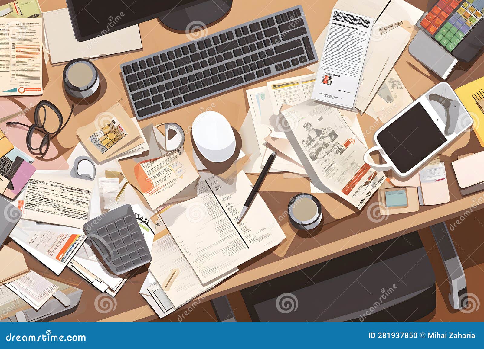 A Cluttered Desk with Papers, Documents, and Gadgets, Illustrating a ...