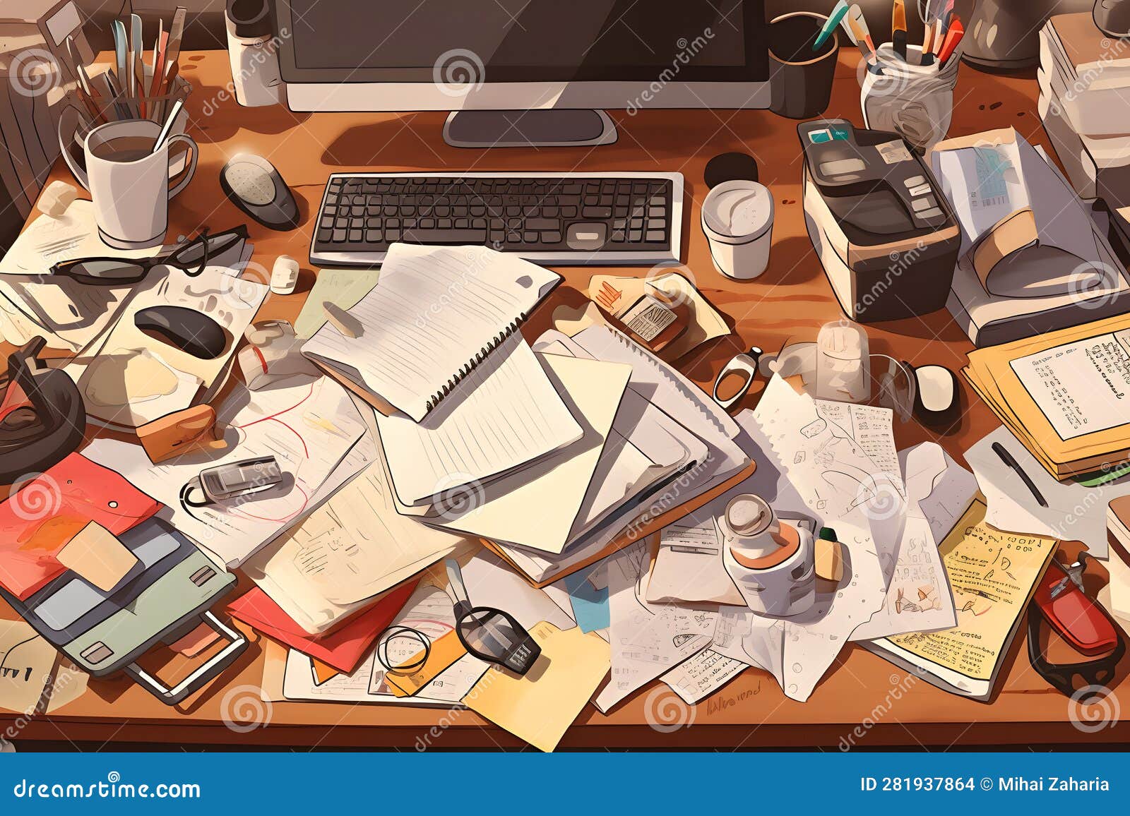 A Cluttered Desk with Papers, Documents, and Gadgets, Illustrating a ...