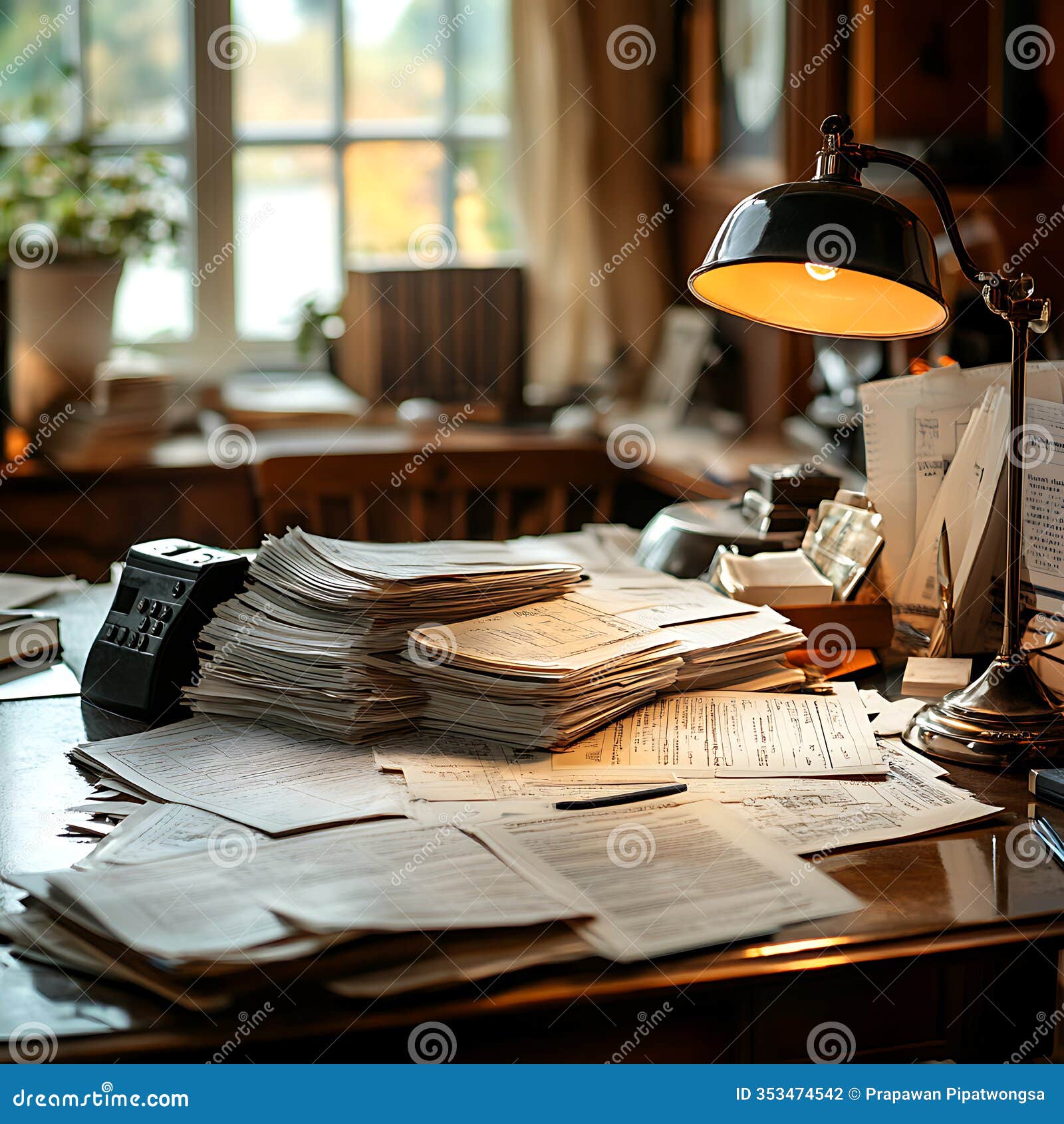 Cluttered Desk with Pile of Rejected Tax Documents and Lamp Stock ...