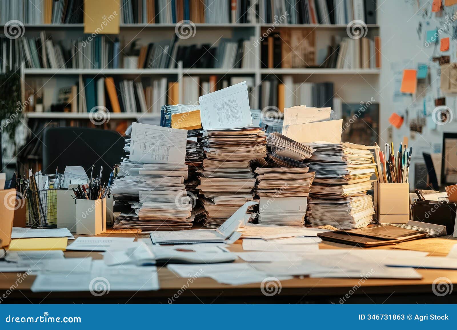 A Cluttered Desk with a Towering Stack of Paperwork and Office Supplies ...