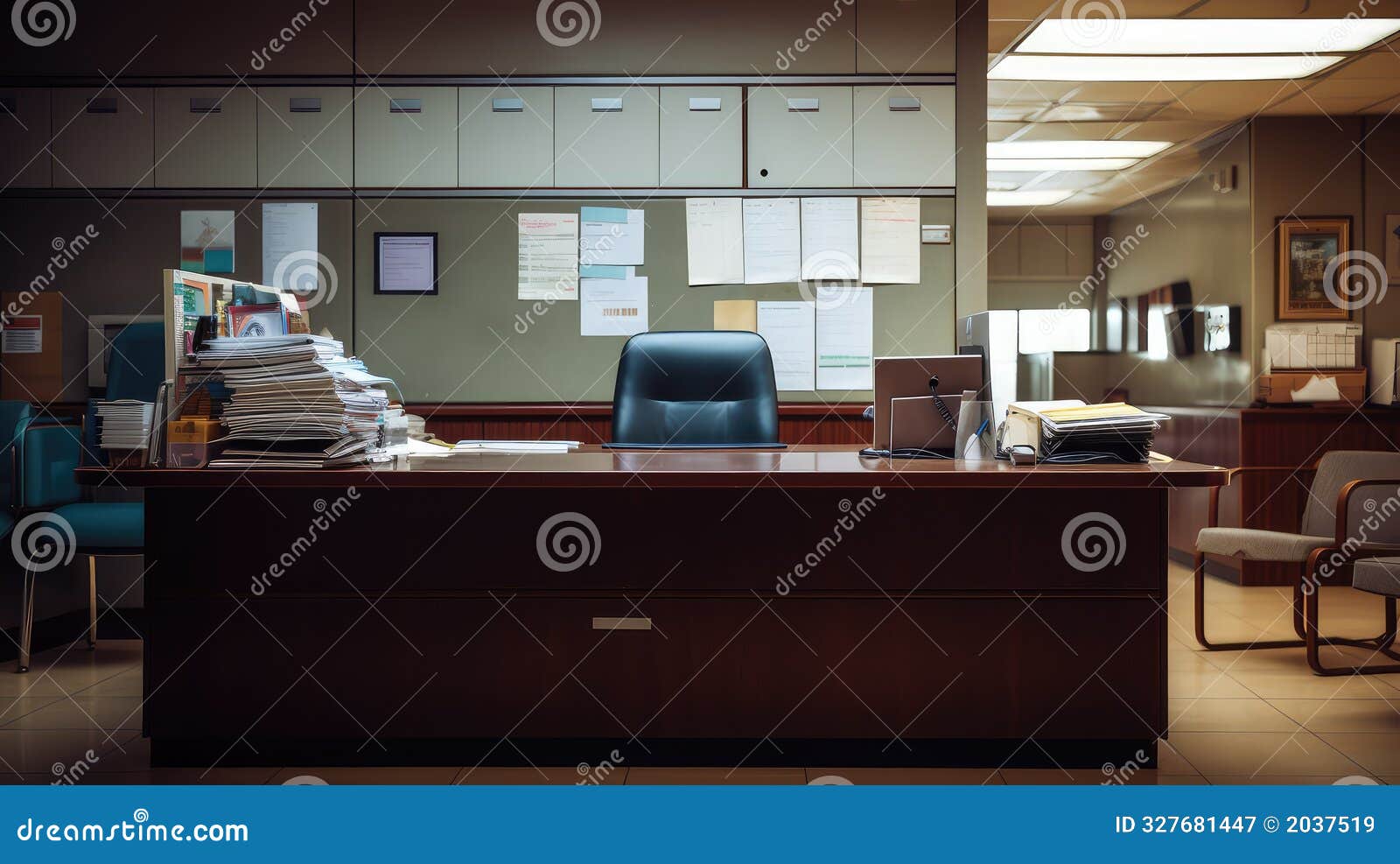 Cluttered Empty Receptionist Desk Stock Illustration - Illustration of ...