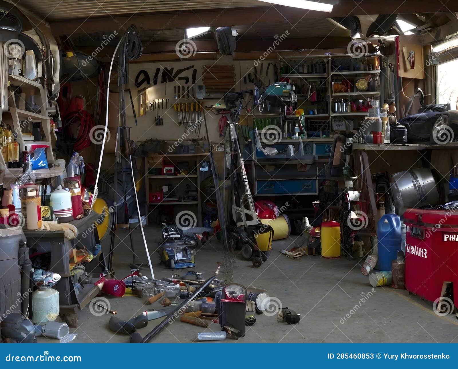 A Cluttered Garage with Oil Canisters Scattered with Stuff. Generative ...