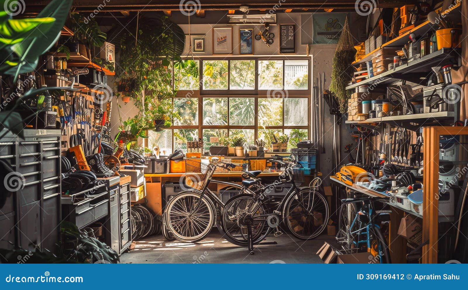 A Cluttered Garage Workshop with Bicycles, Tools, and Plants. Stock ...