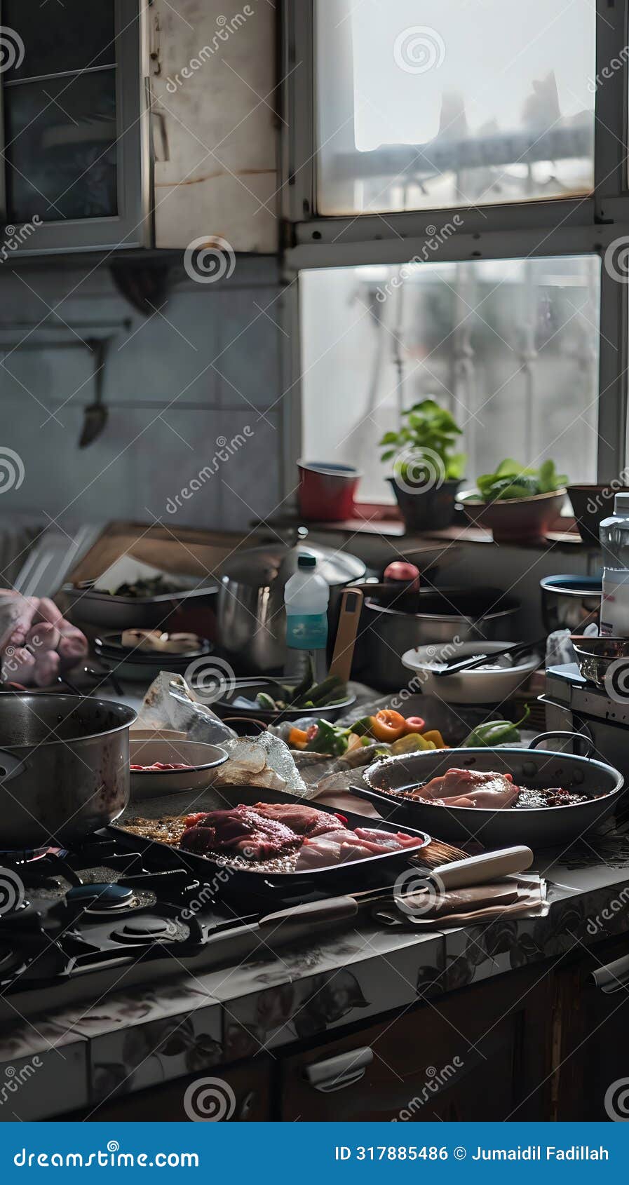 Cluttered Kitchen Counter with Various Cooking Utensils and Fresh ... Cluttered Kitchen Counter with Various Cooking Utensils and Fresh ...