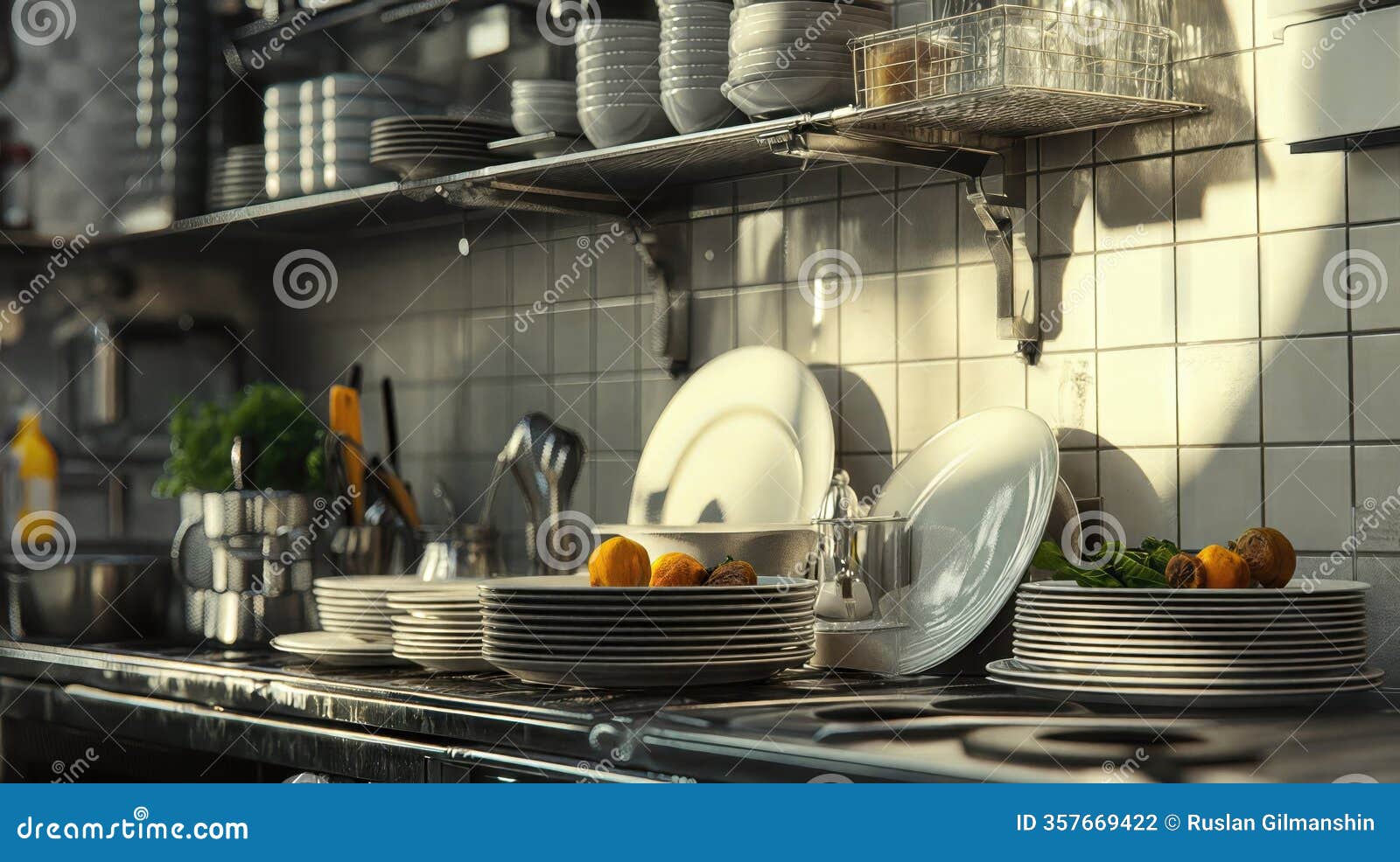 Cluttered Kitchen with Stacked Dishes, Pots, and Pans on Shelves and ...