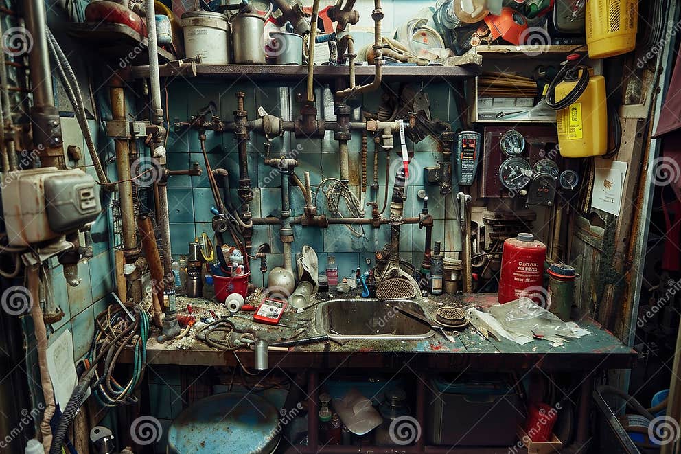A Cluttered Kitchen Workspace Filled with Various Tools, Pipes, and a ... A Cluttered Kitchen Workspace Filled with Various Tools, Pipes, and a ...