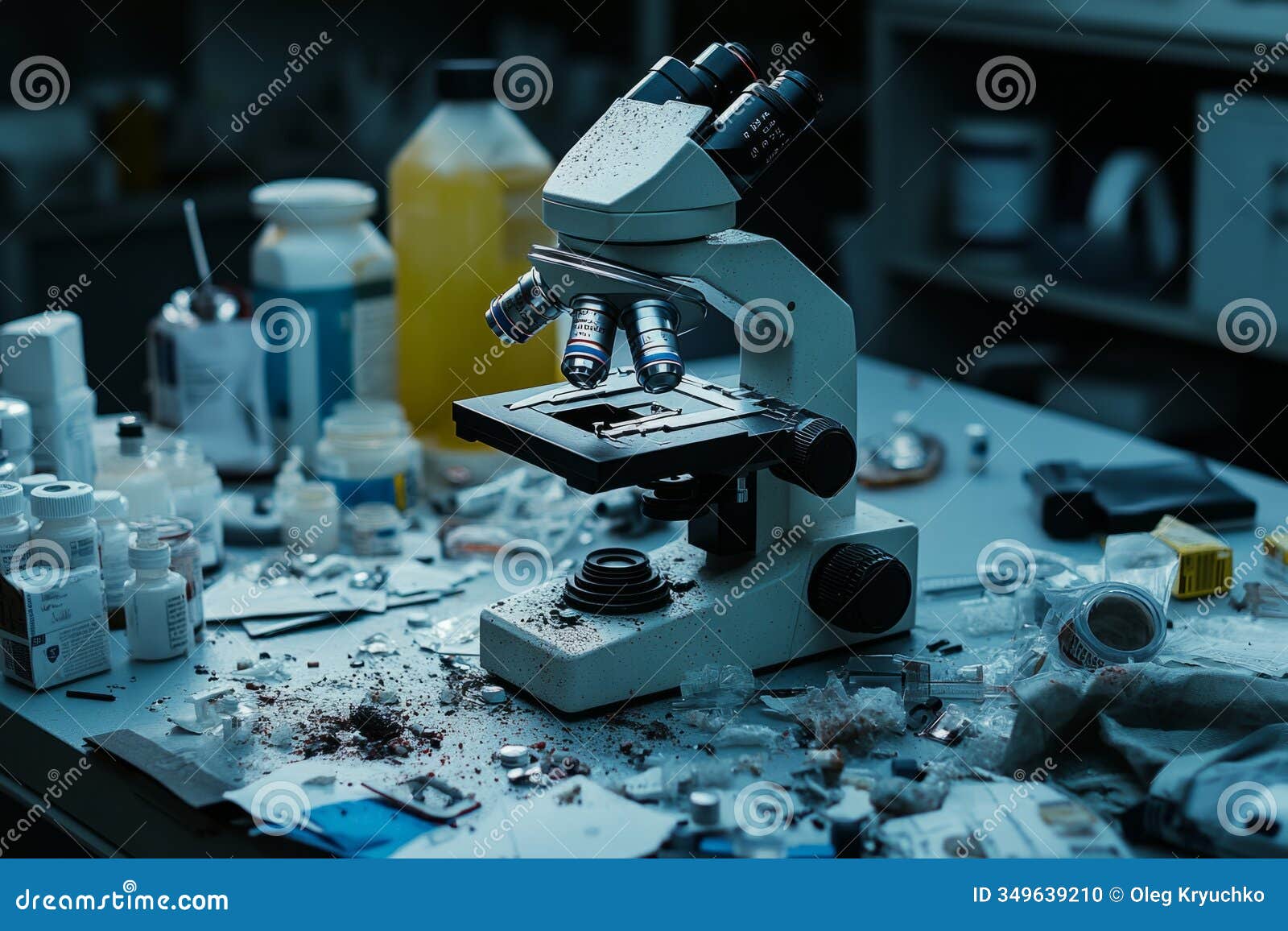 A Cluttered Laboratory Scene Featuring a Microscope and Various ...