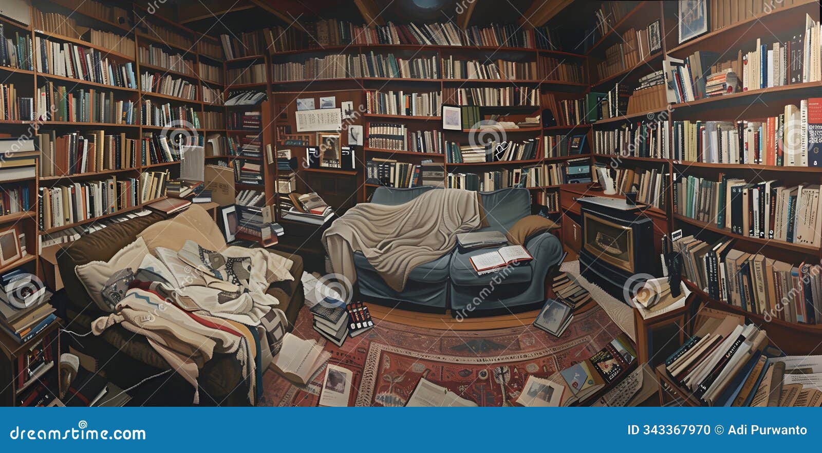 A Cluttered Library with Bookshelves, Sofas, and Scattered Papers ...