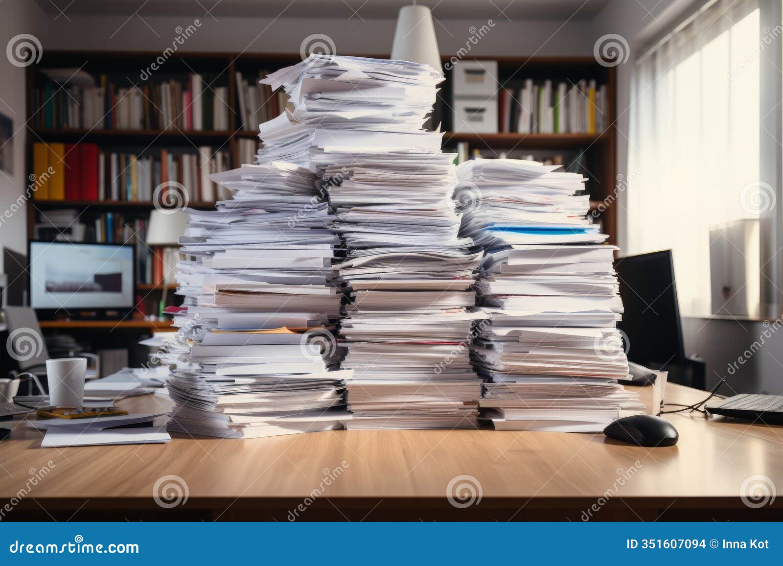 Cluttered Office Desk with a Towering Pile of Documents Indicating ...