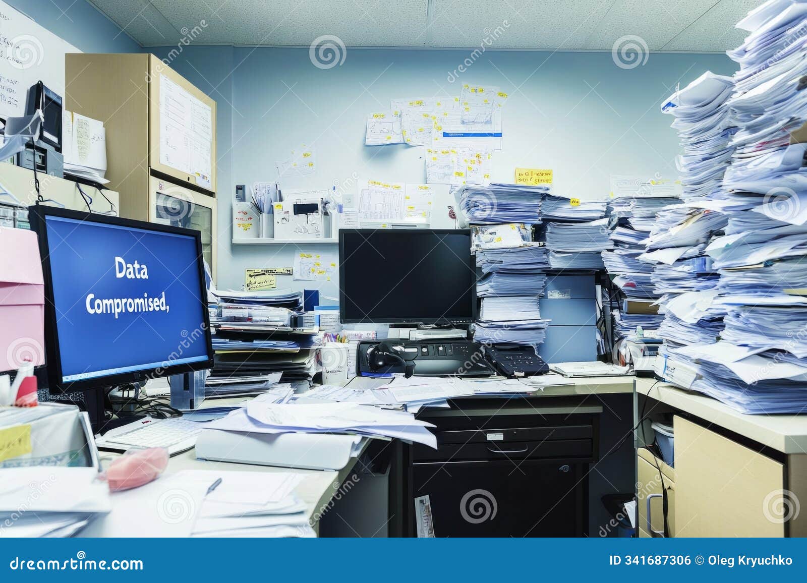 Cluttered Office Space with Overflowing Papers. a Computer Screen Shows ...