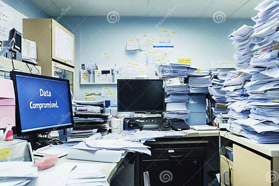 Cluttered Office Space with Overflowing Papers. a Computer Screen Shows ...