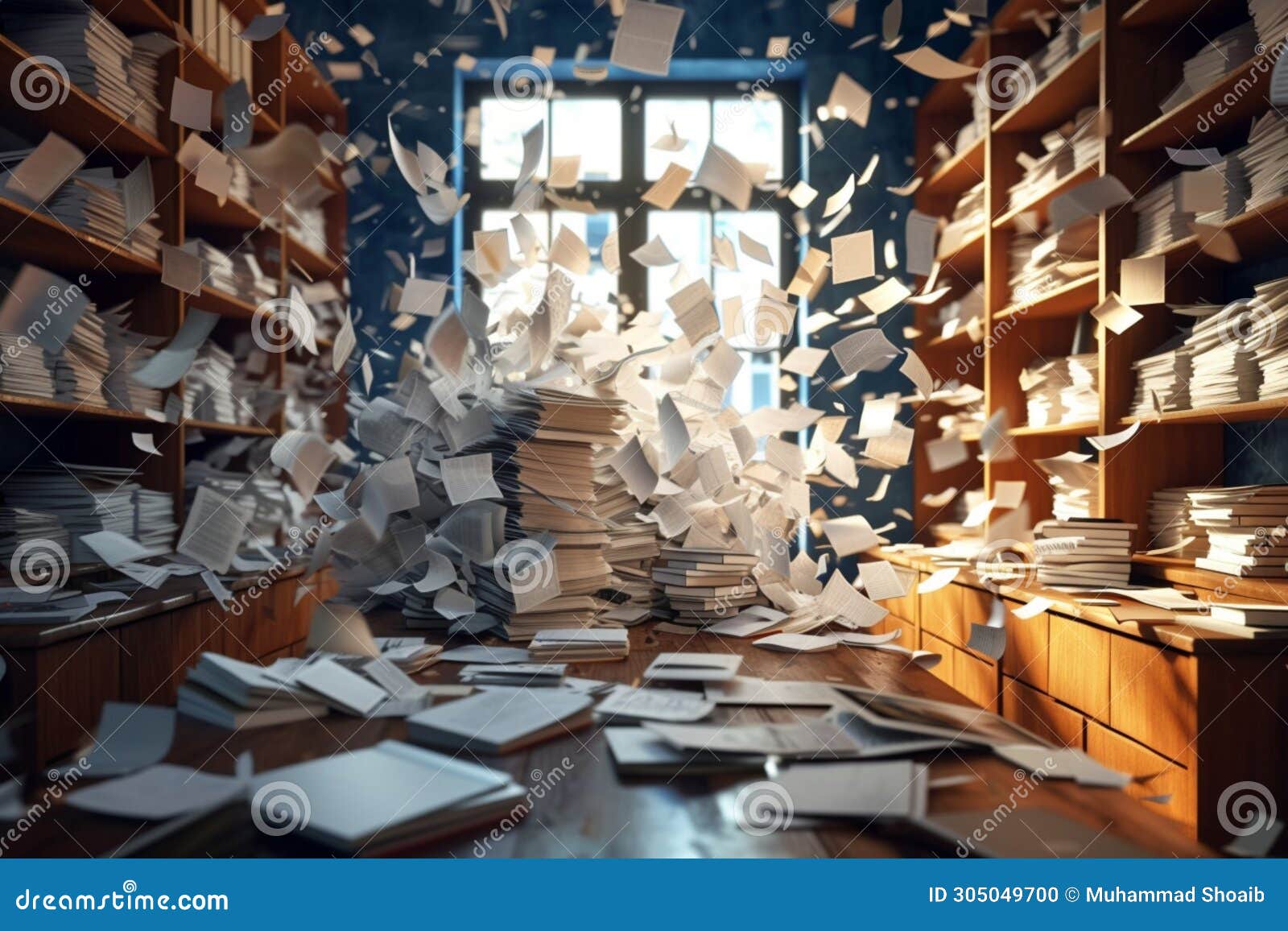 Cluttered Office Workspace with Papers Flying, Creating a Chaotic Scene ...