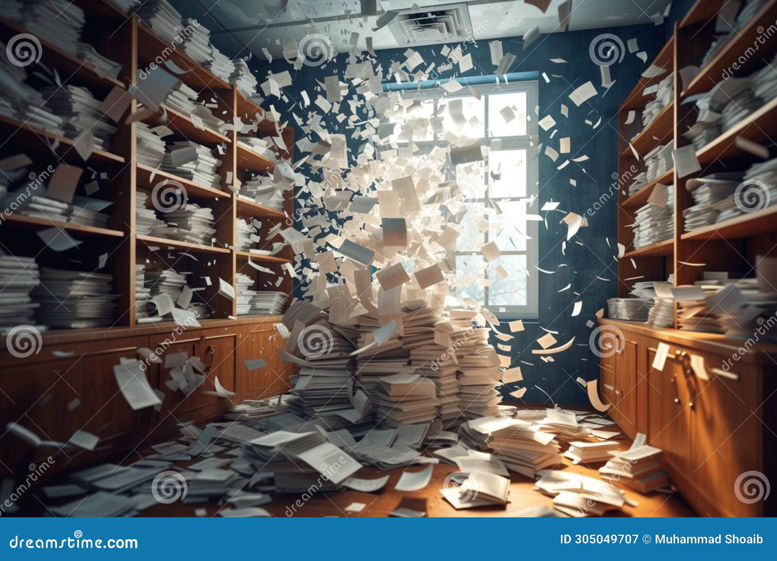 Cluttered Office Workspace with Papers Flying, Creating a Chaotic Scene ...