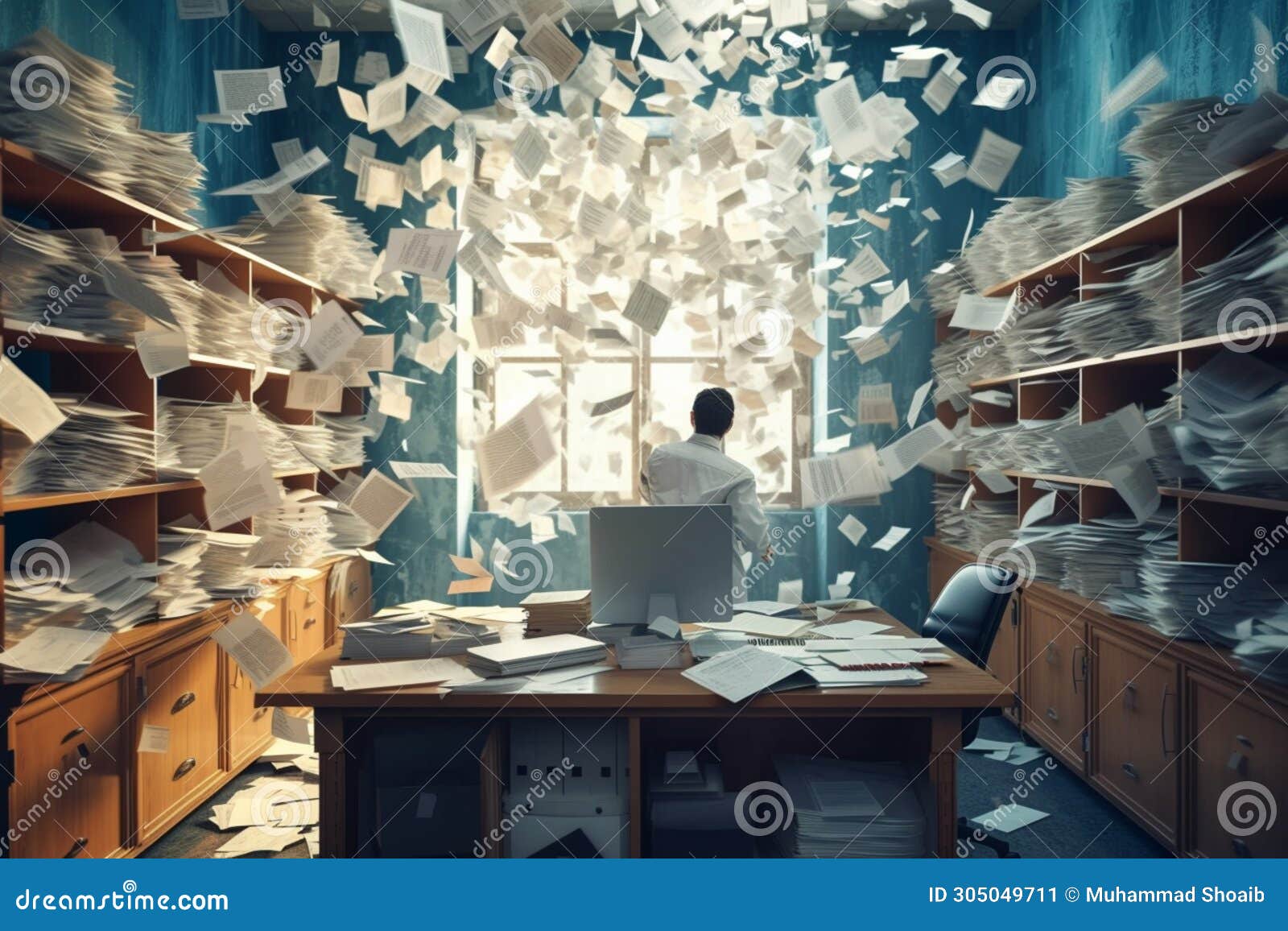Cluttered Office Workspace with Papers Flying, Creating a Chaotic Scene ...