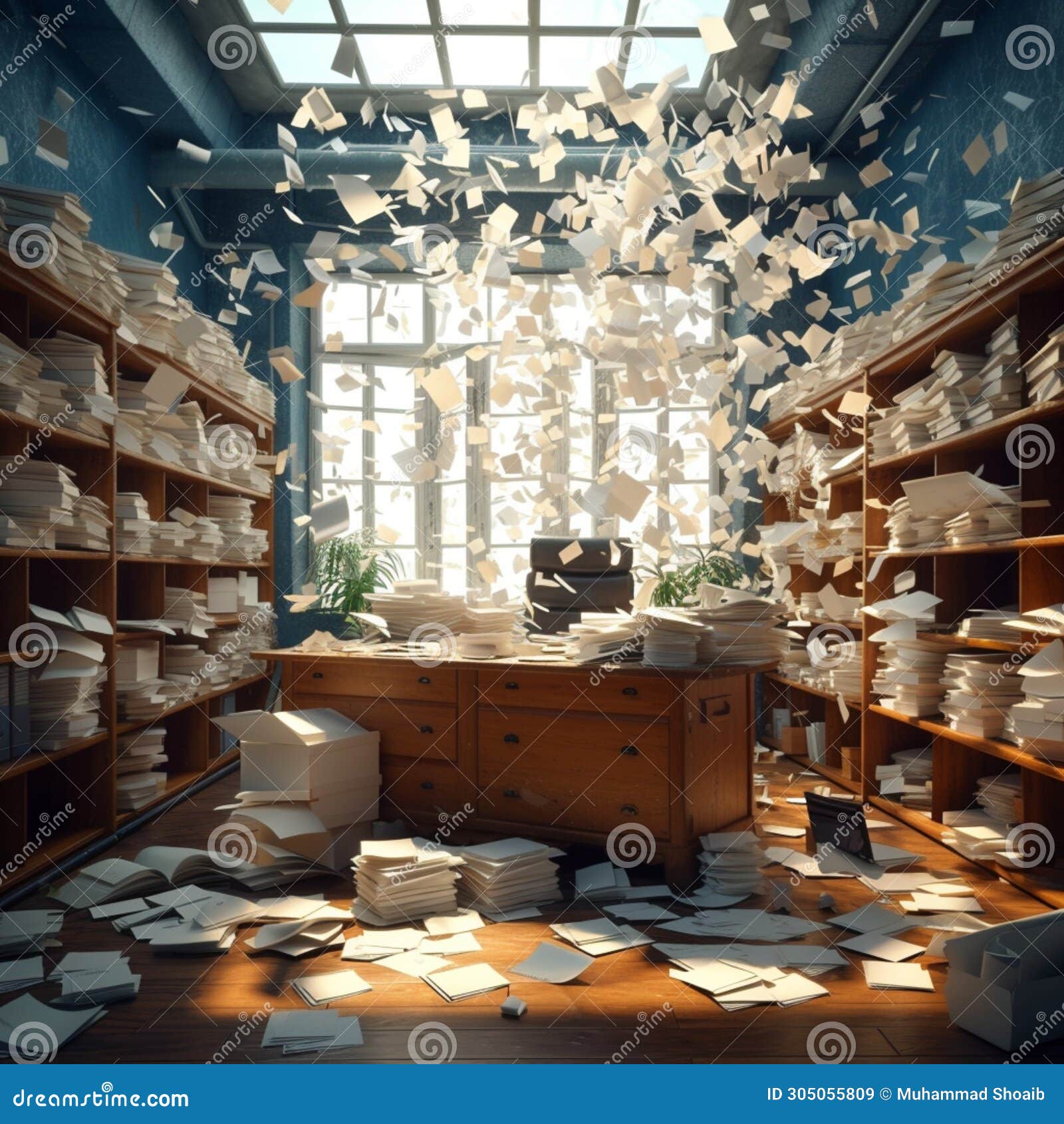 Cluttered Office Workspace with Papers Flying, Creating a Chaotic Scene ...
