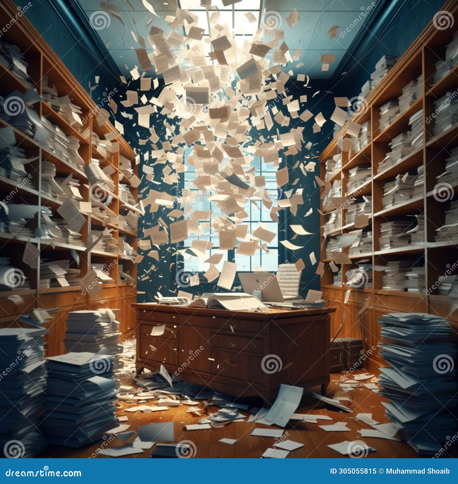 Cluttered Office Workspace with Papers Flying, Creating a Chaotic Scene ...