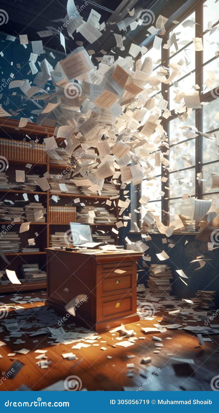Cluttered Office Workspace with Papers Flying, Creating a Chaotic Scene ...
