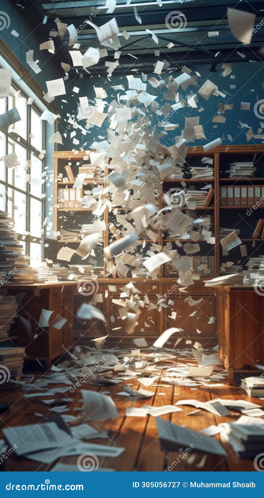 Cluttered Office Workspace with Papers Flying, Creating a Chaotic Scene ...
