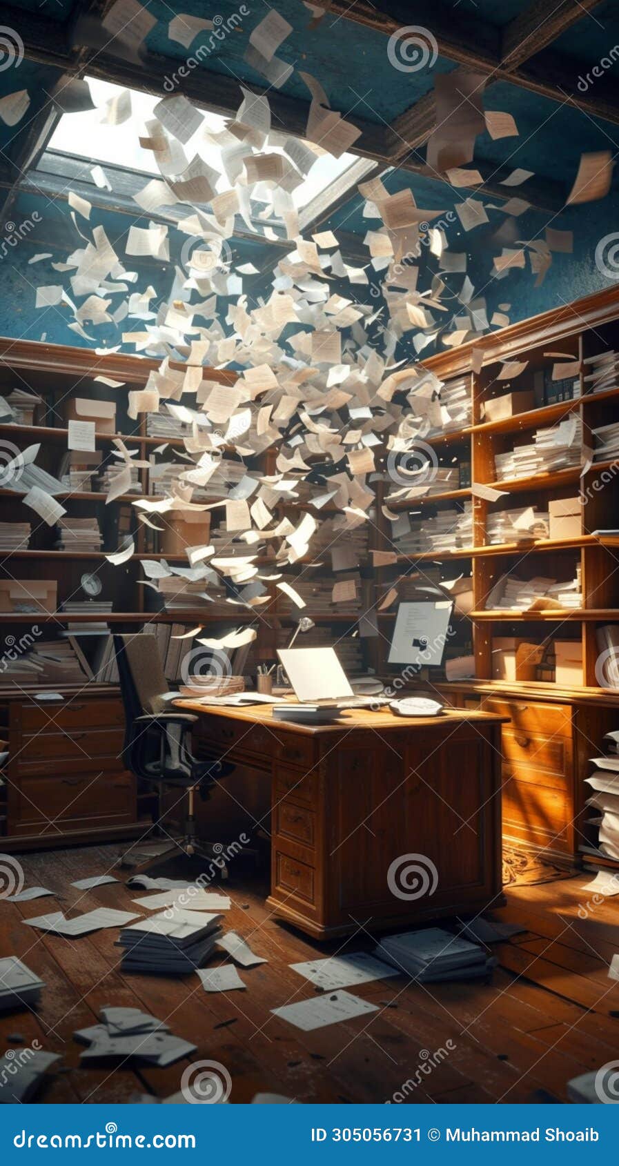 Cluttered Office Workspace with Papers Flying, Creating a Chaotic Scene ...