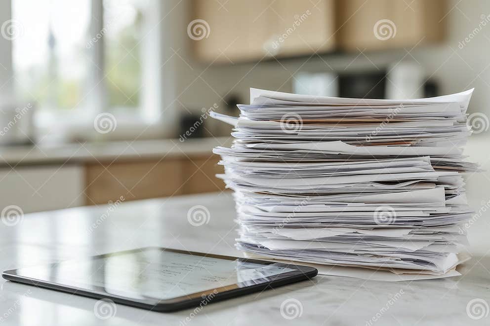 A Cluttered Stack of Disorganized Paperwork beside a Sleek Tablet on a ...
