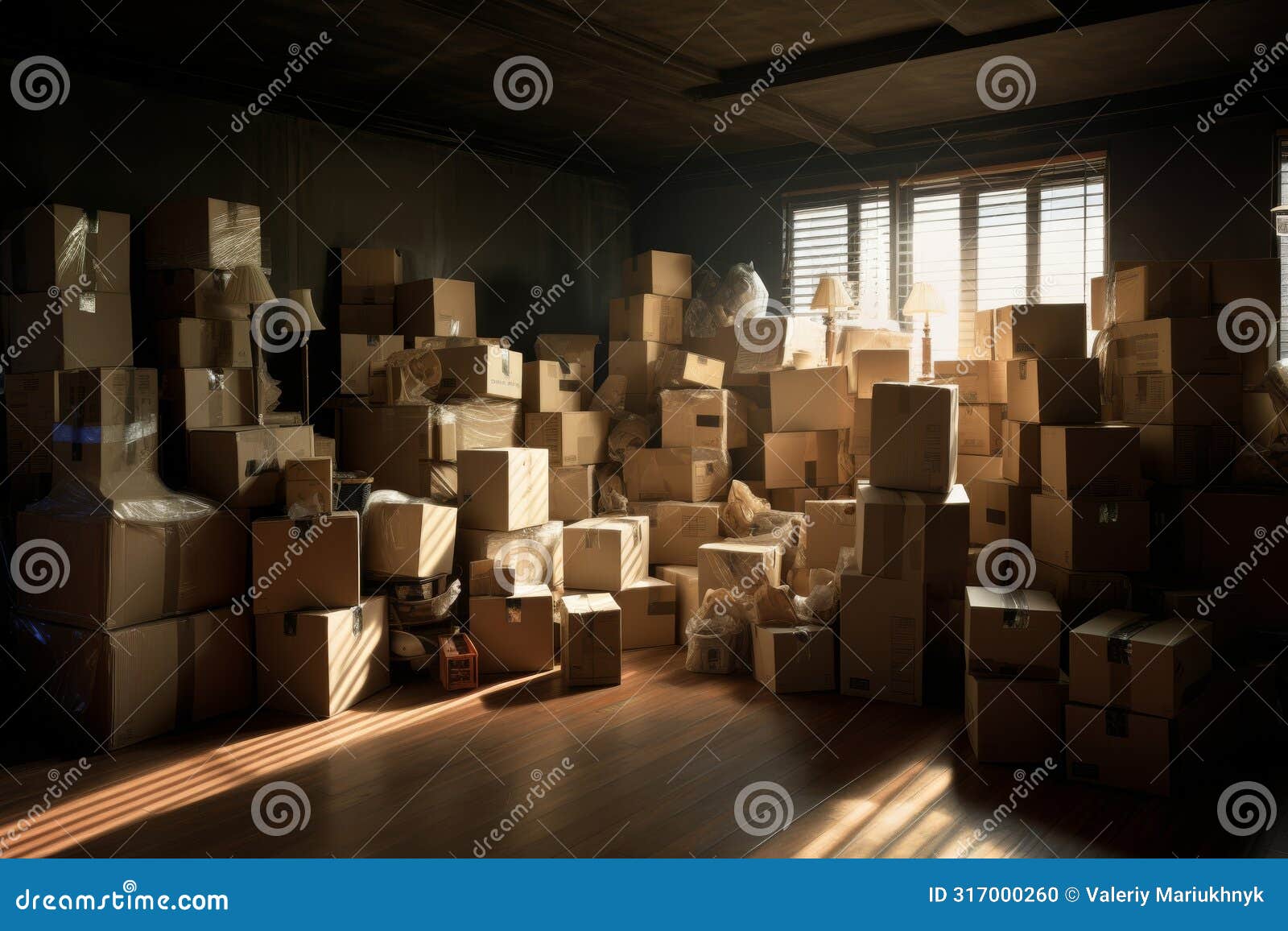 Cluttered Storage Room Overflowing with Cardboard Boxes and Sunrays ...