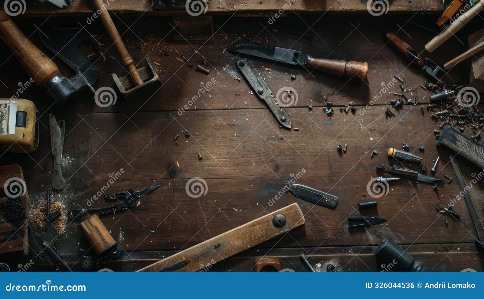 Scattered Tools on a Wooden Workshop Table Stock Photo - Image of space ...